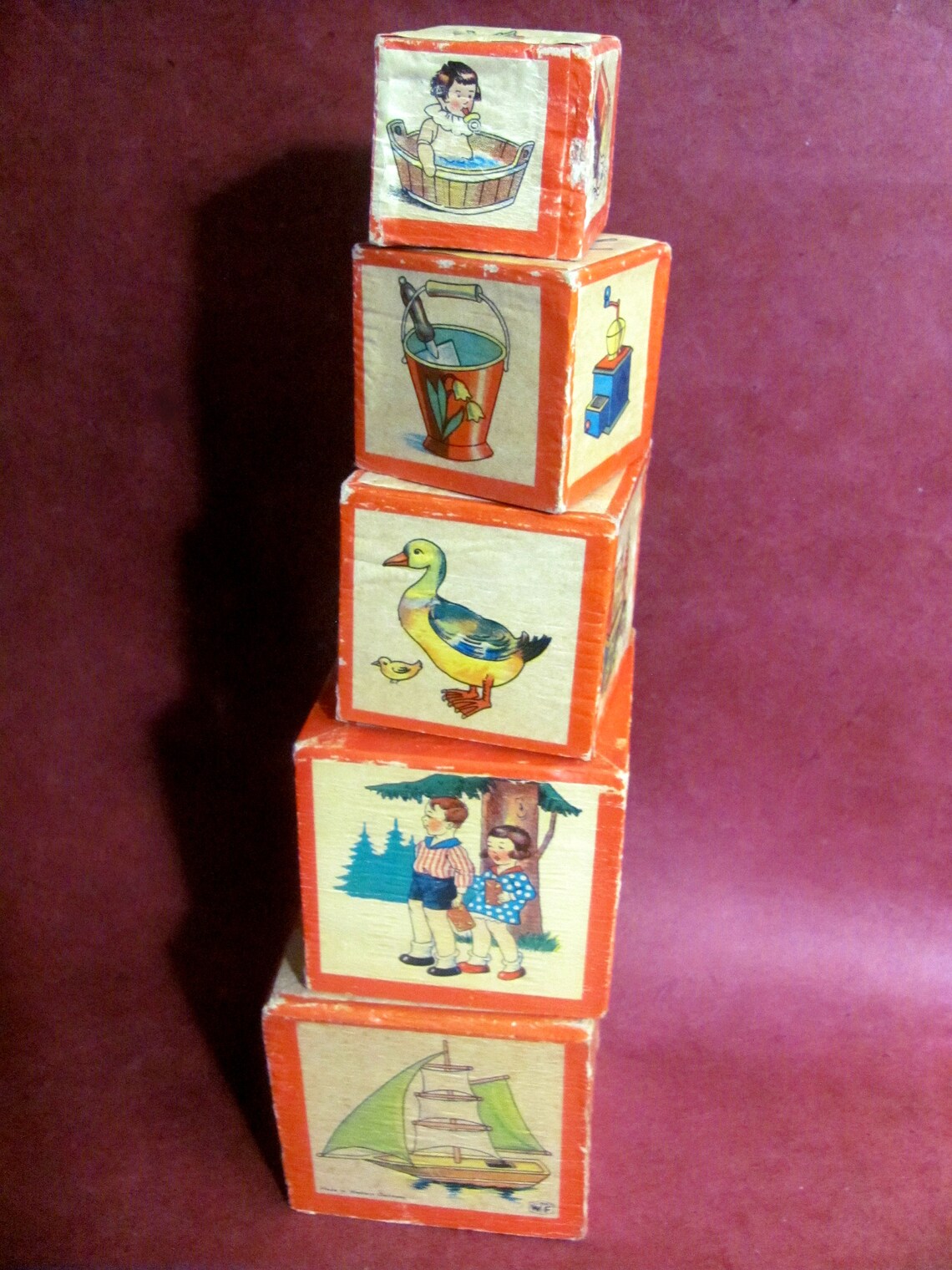 Stacking & Nesting Blocks 5 Charming Lithograph Covered Wood Blocks WF ...