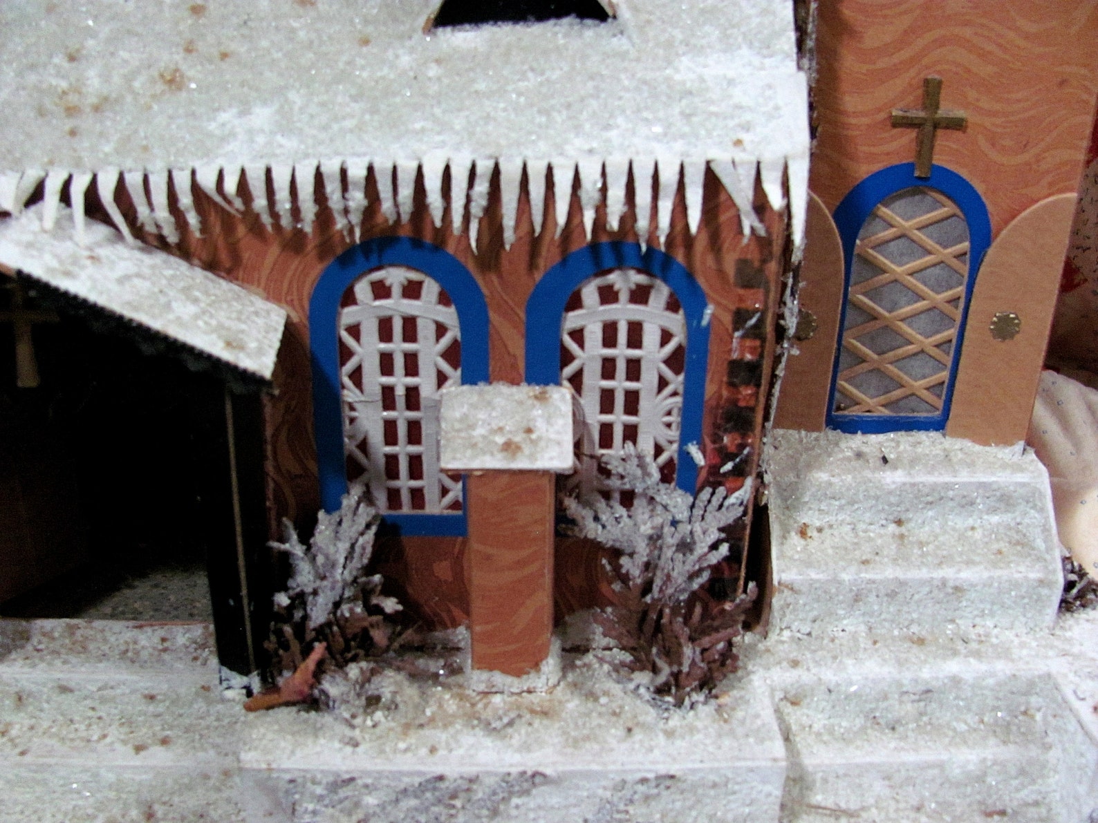 Christmas Church Tall Steeple W Bell Paper Lace Windows Mica Snow Paper ...