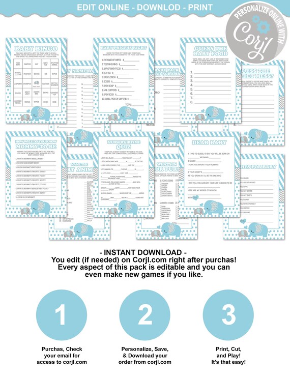 Blue Elephant Baby Shower Game Pack, Blue Gray Baby Shower Games ...