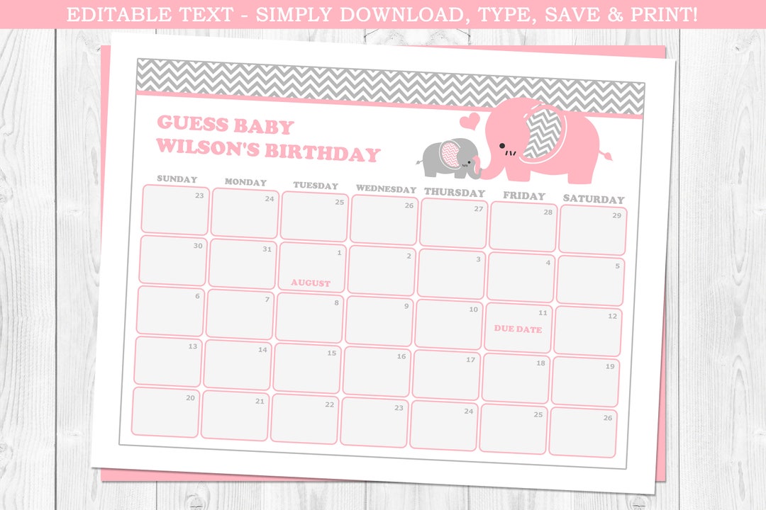 Elephant Baby Due Date Calendar, Elephant Baby Shower, Pink Elephant ...