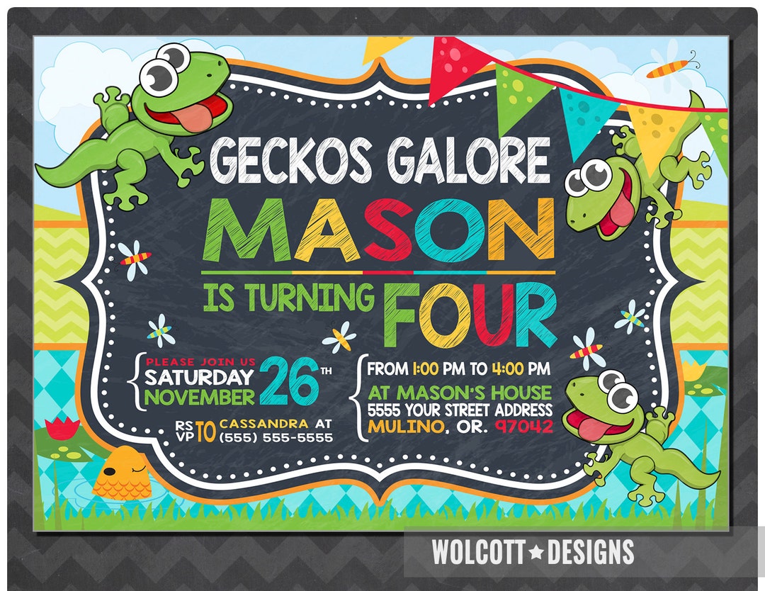 Gecko Birthday Invitation, Boy or Girl Birthday Party Invitation, Gecko ...