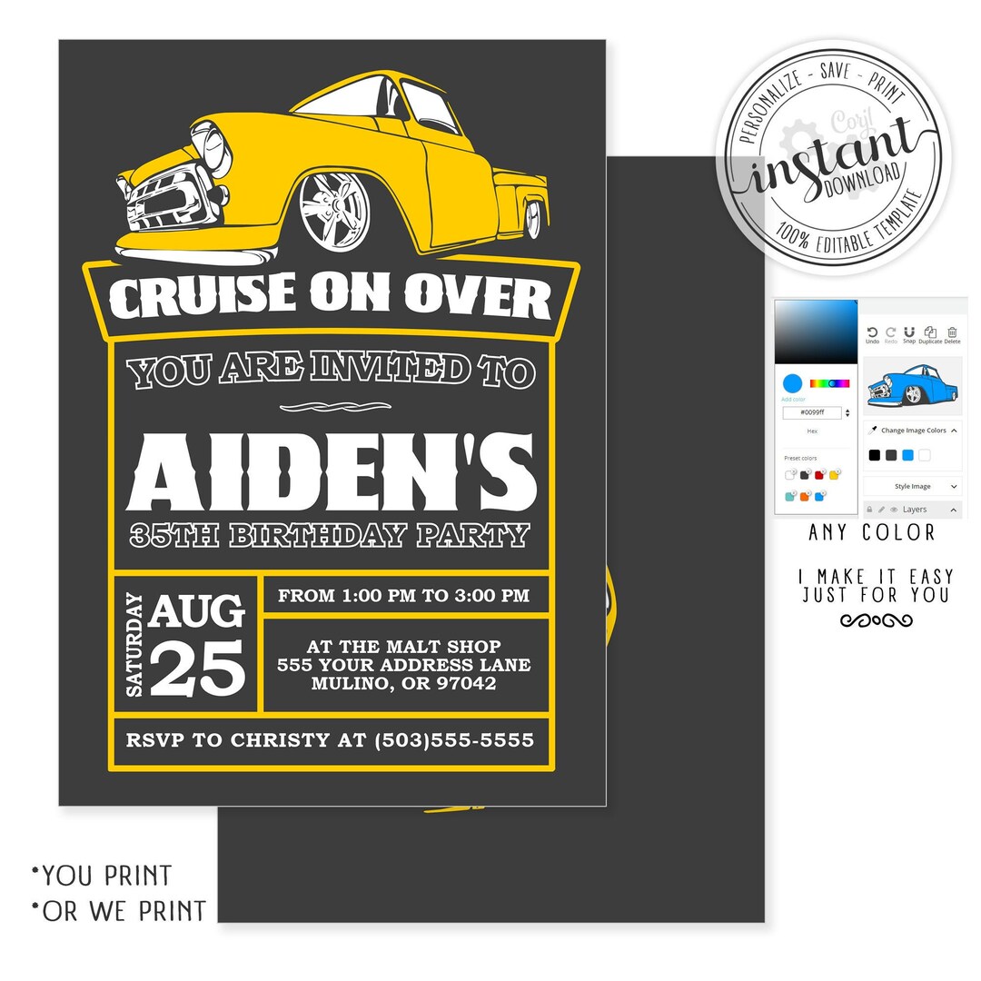 Chevy Truck, Birthday Invitation, 57 Chevy, Hot Rod Birthday Invitation ...