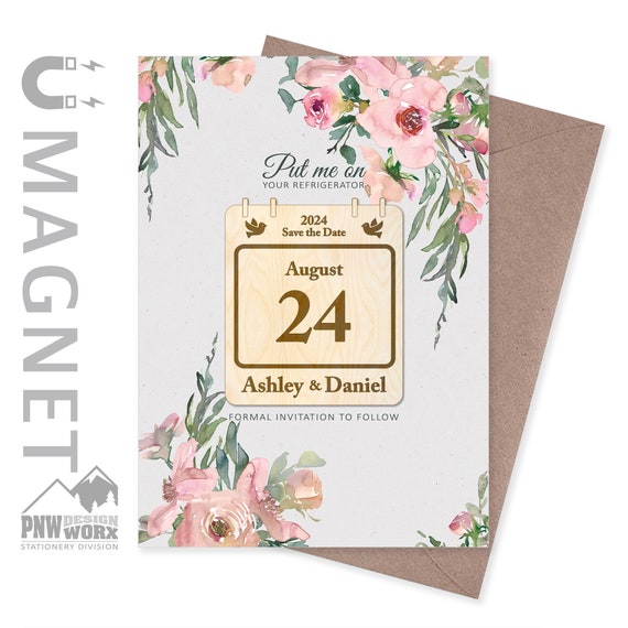 Save the date magnet calendar with card and envelope, wooden save the ...