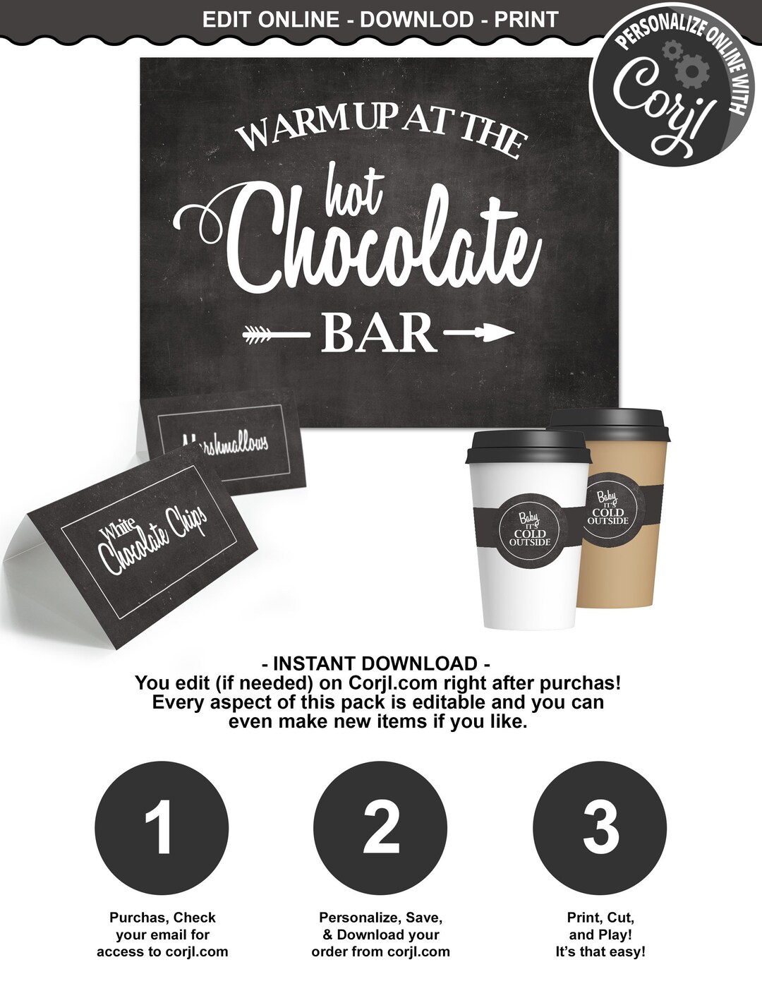 Chalkboard Hot Chocolate Bar Signs With Labels and Cup Tags, Hot ...