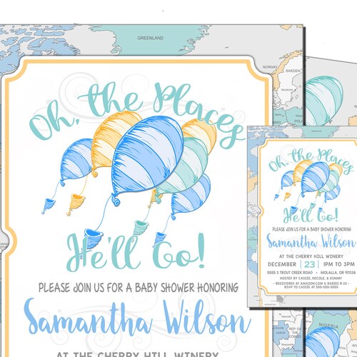 Oh the Places He'll Go Baby Shower Invitation Blue Gray - Etsy