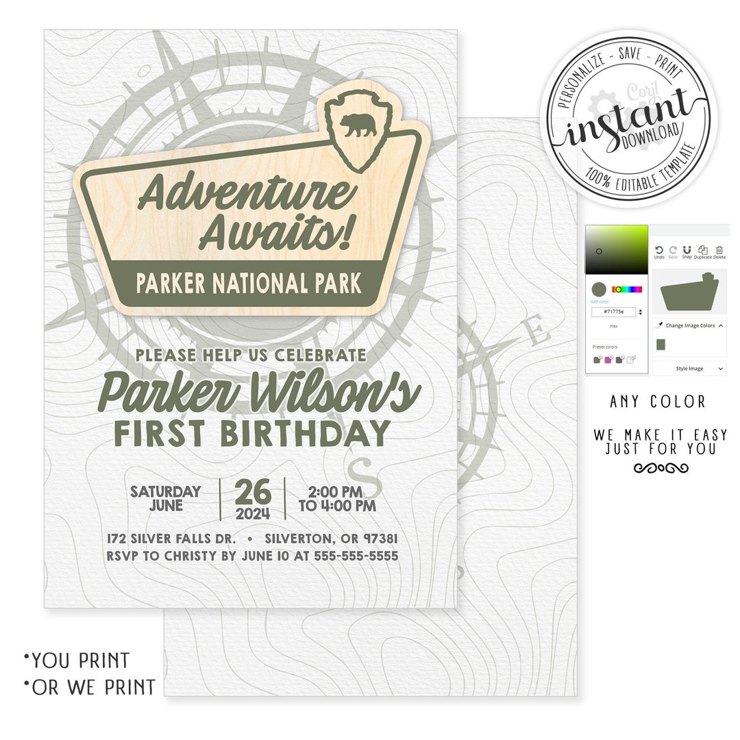 National Park Sign One Happy Camper Birthday Invitation Boy First Birthday National Park ...