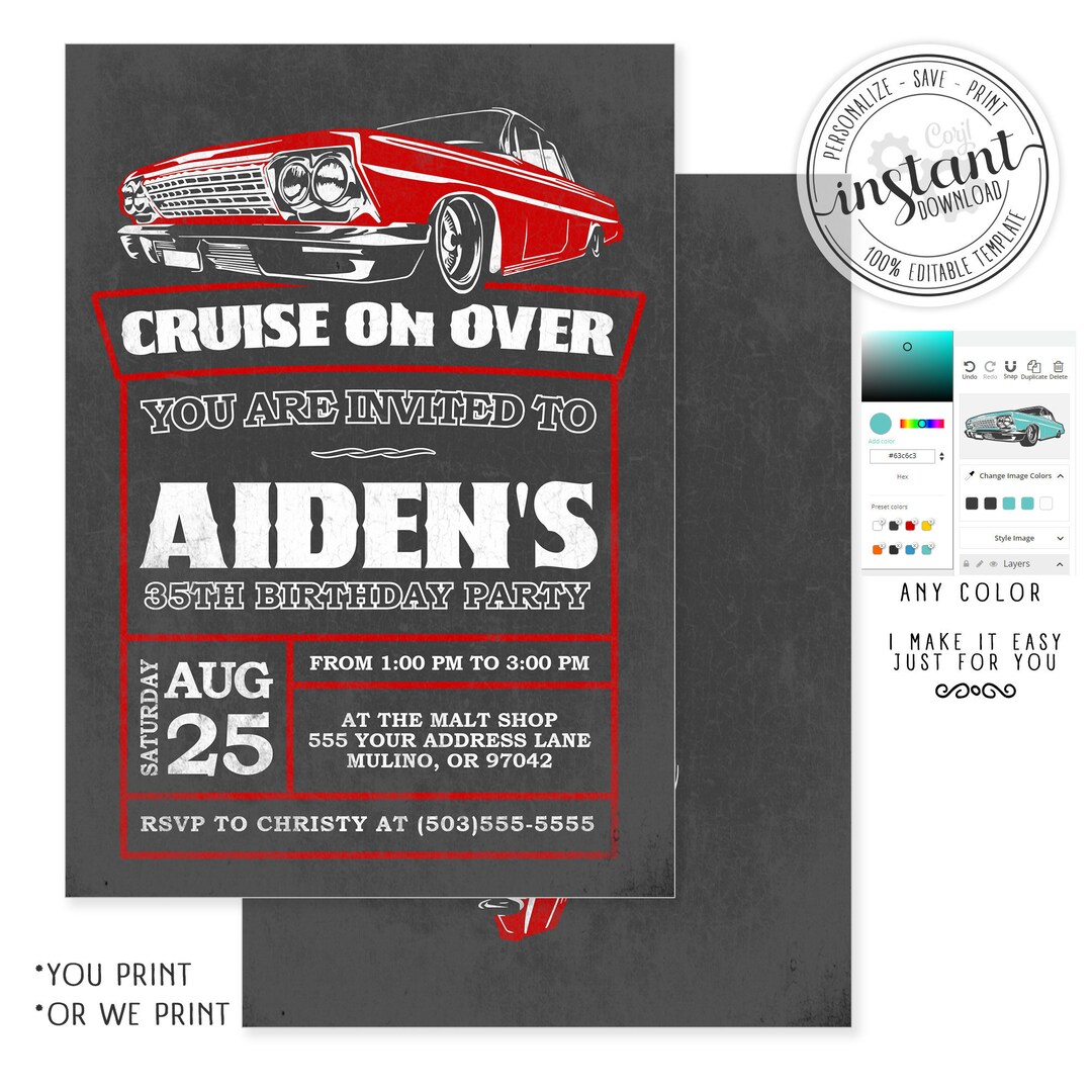 Impala Birthday Invitation, 1963 Impala, Classic Car Invite, Low Rider ...