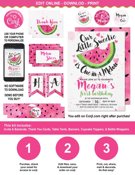Pink watermelon birthday party, watermelon invitation, watermelon ...