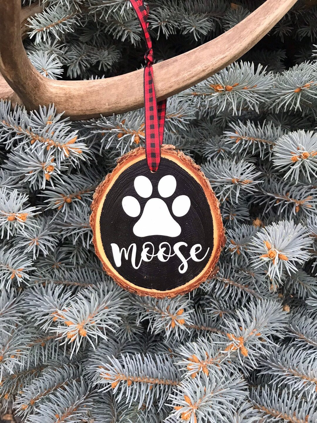 Dog Name Wood Slice Ornament, Customized Pet Dog Paw Name Christmas ...
