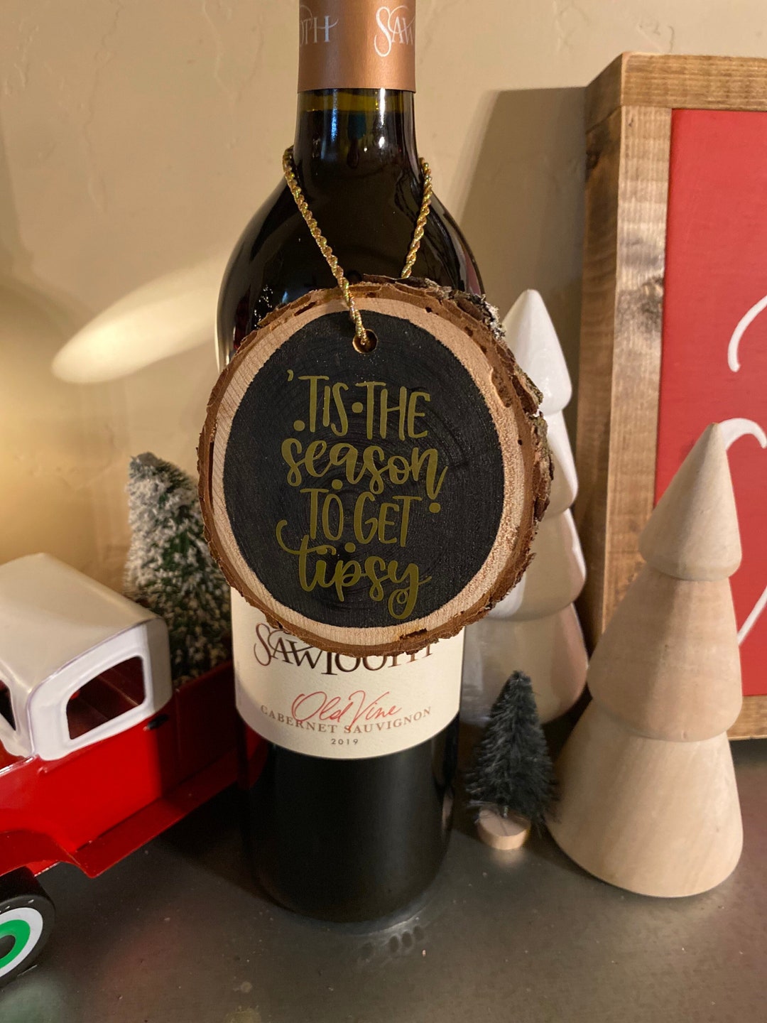 Wood Slice Alcohol Label, Rustic Bar Cart Hanging Bottle Tag, Tis the ...