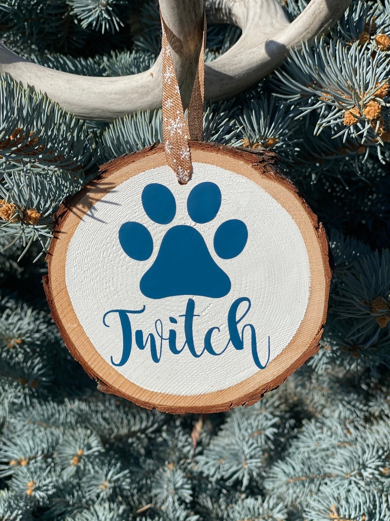 Dog Name Wood Slice Ornament Customized Pet Dog Paw Name | Etsy