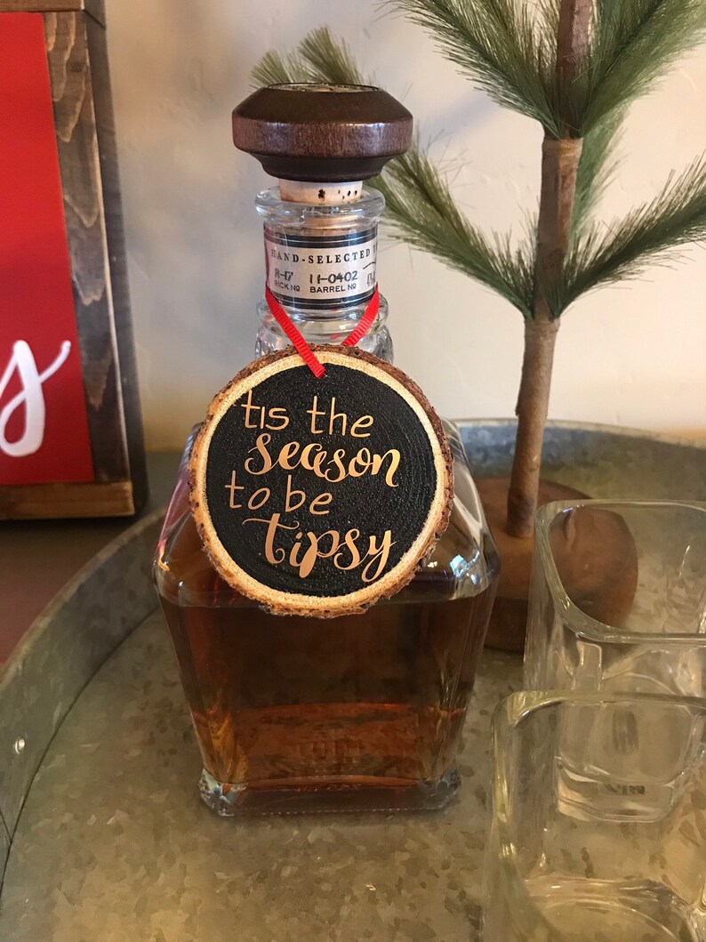 Wood Slice Alcohol Label Rustic Bar Cart Hanging Bottle Tag | Etsy