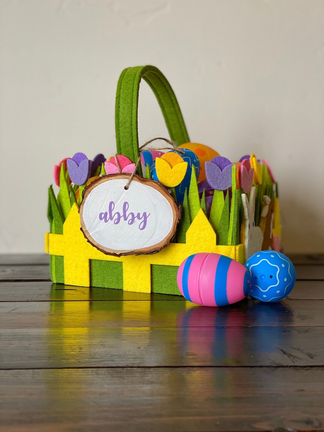 Wood Slice Easter Basket Name Tag, Hand Crafted Wooden Slice Name Tag ...