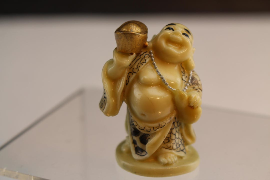 Netsuke Bead Mini Carved Figurine Alabaster Resin Buddha W/bowl-crafts ...