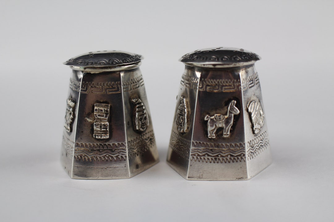 Coin Silver Peru Peruvian Salt and Pepper Shakers Llamas People Symbols-collectible Interior ...
