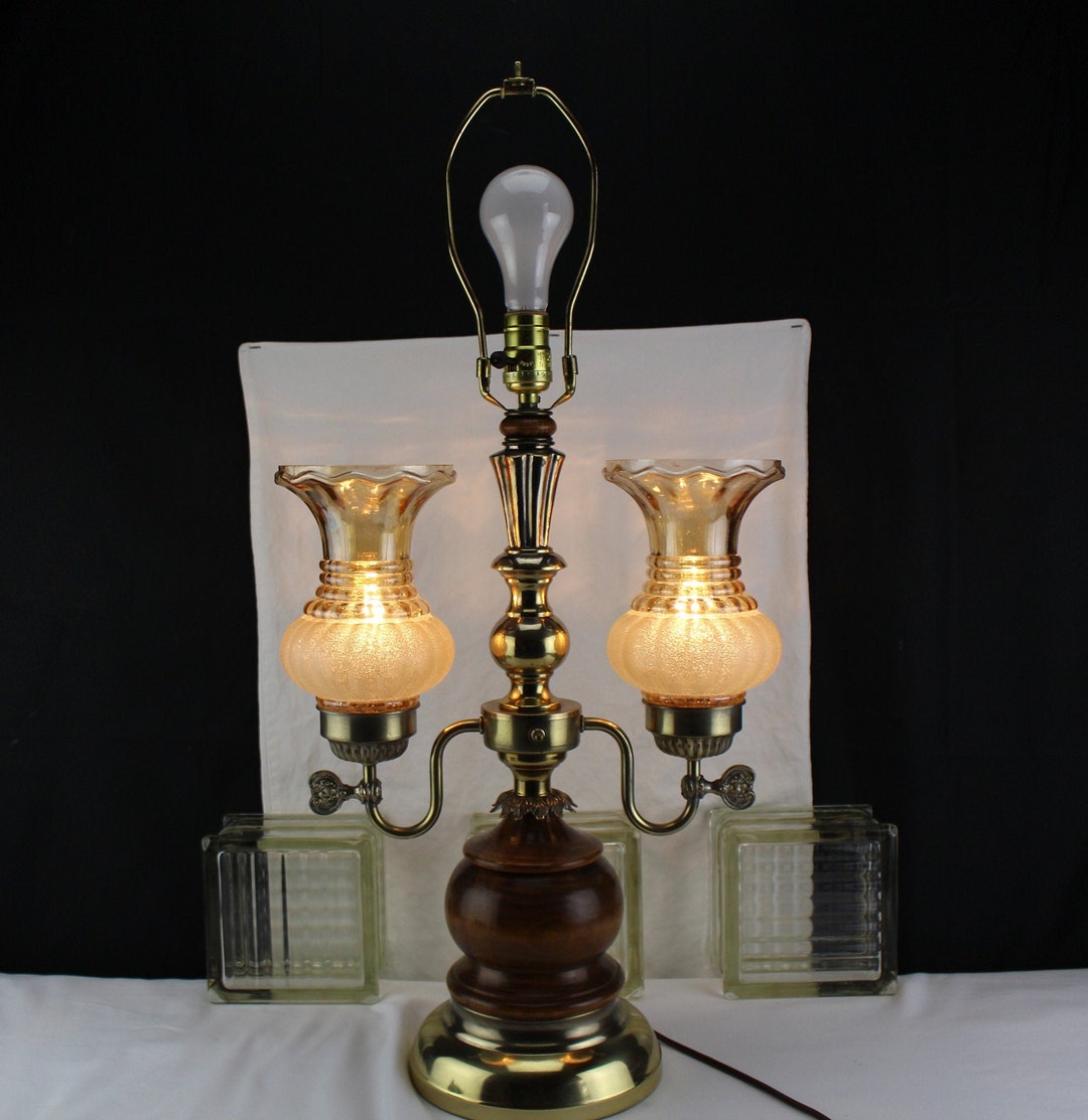 Table Lamp Home Lighting-two Arm Electric Amber Glass Shades Brass and ...