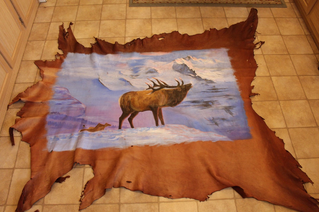 Tanned Elk Hide Hand Painted Bull Elk Winter Scene Signed Joy Hughes ...