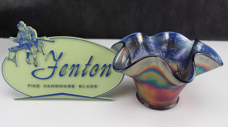 Antique Fenton Cobalt Blue Carnival Ruffled Hat Vase Holly & Berries ...