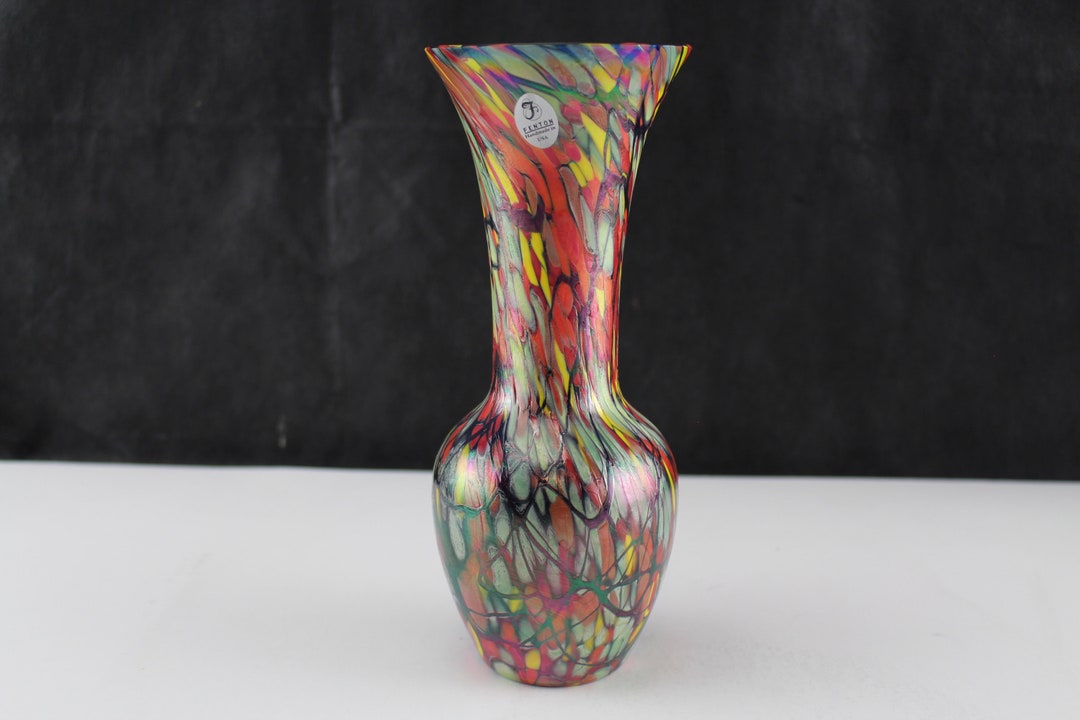 Fenton Art Glass / Dave Fetty Iridized Glossy Mosaic Random Lines Vase ...
