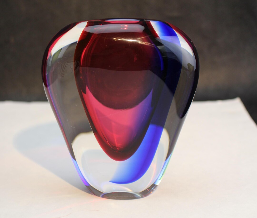 Murano Art Glass Signed Oball-studio Sommerso Vase Blue and Red ...