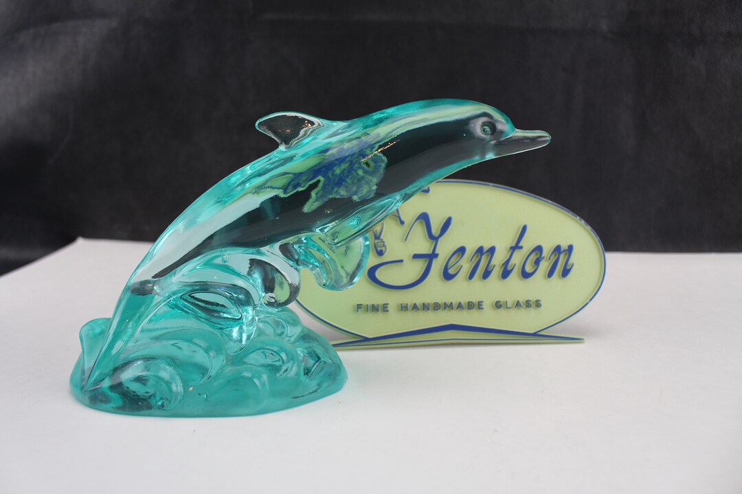 Vintage Fenton Art Glass Dolphin Cresting A Frosted Wave Aquamarine ...