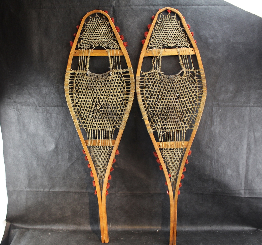Antique Child's SNOWSHOES Canada Indian Pom Pom Style Snowshoes 33 ...