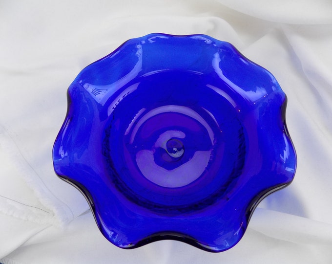 Joe Hamon Glass Cobalt Blue Crackle Bottom Bowl With Ruffled Edge, MMA ...