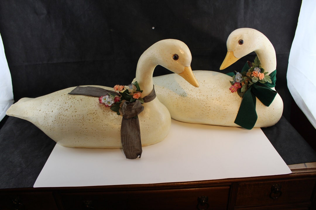 Life Sized White Geese Figurines-pair Very Large Glass Eyes Plaster ...