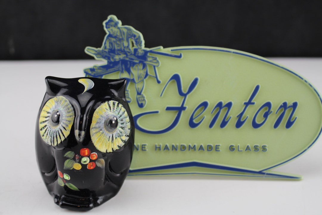 Fenton Art Glass Glossy Black Hand Painted S Miller 5168 3 Owl ...