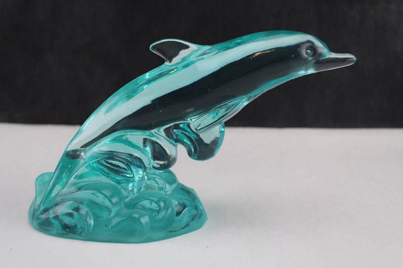 Vintage Fenton Art Glass Dolphin Cresting A Frosted Wave Aquamarine ...