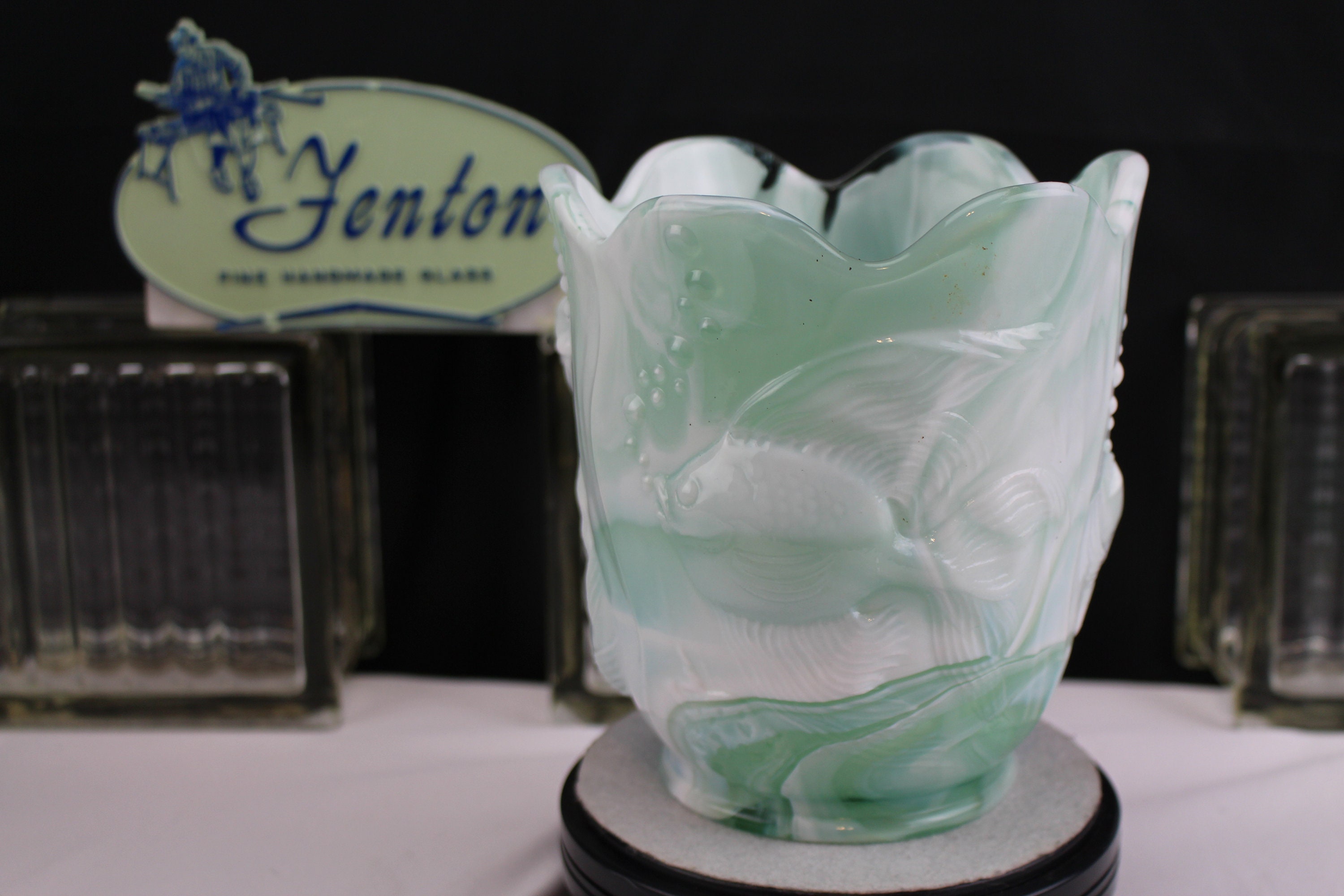 Fenton Glass Sea Mist Green Slag Atlantis Koi Fish Vase Signed | Etsy