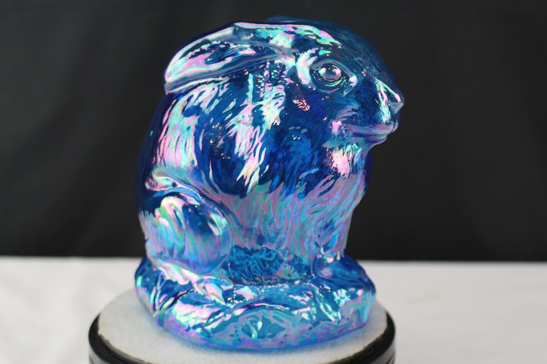 Vintage Fenton Glass-leavy Blown Electric Blue Carnival Glass Rabbit ...