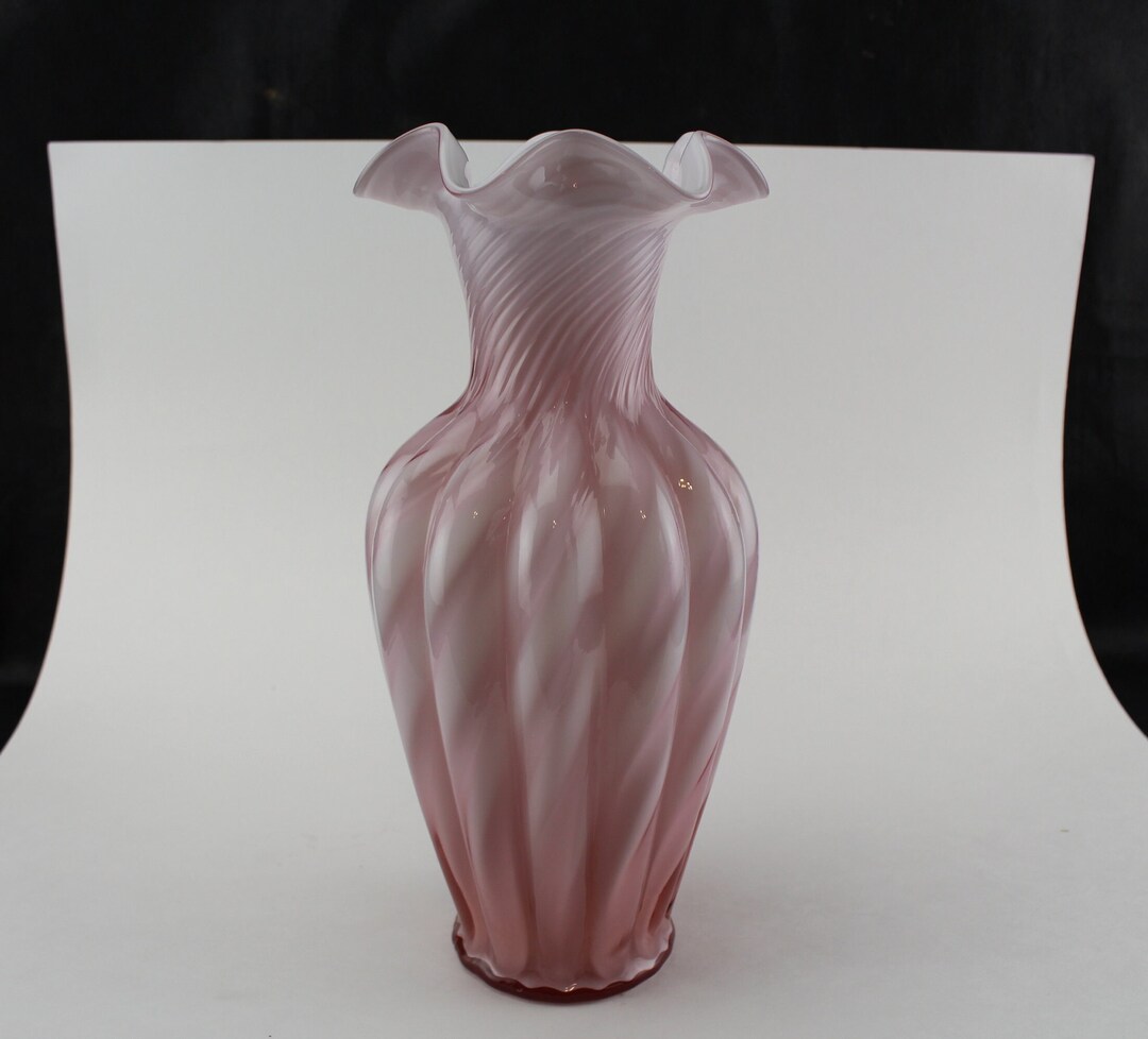 Fenton Art Glass 11" Melon Vase Rose Pink Opalescent Overlay Spiral ...