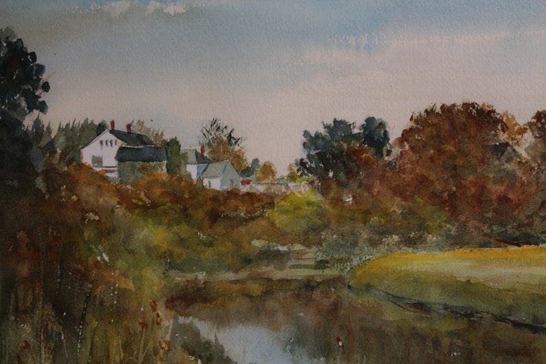 Watercolor Painting Neal Railsback Countryside Water and Buildings ...