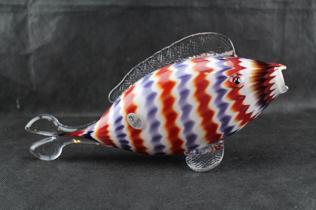 Fenton Art Glass Dave Fetty Fish Figurine OOAK Red White Purple Wave ...