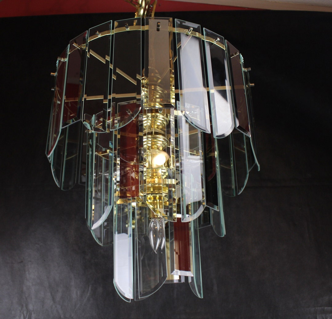 Chandelier Brass and Beveled Glass Shade Three Tiers Nine Bulbs ...