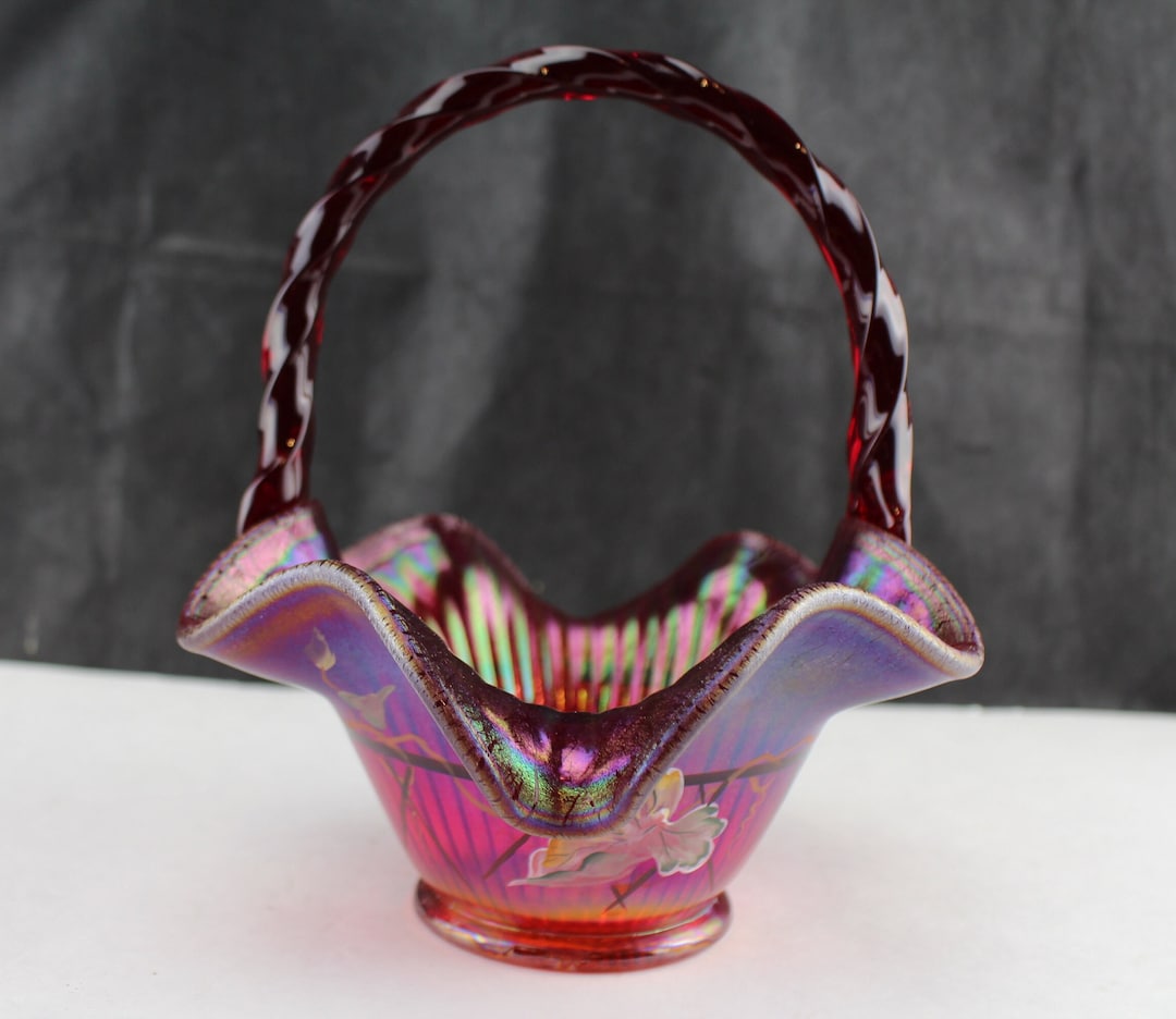Fenton Art Glass Basket Wine Country Grape Ruby Red Stretch Signed ...