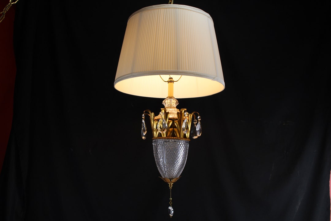 MCM Hanging Pendant Swag Light Lamp Gold Gilt Cut Crystal Cloth Shade ...