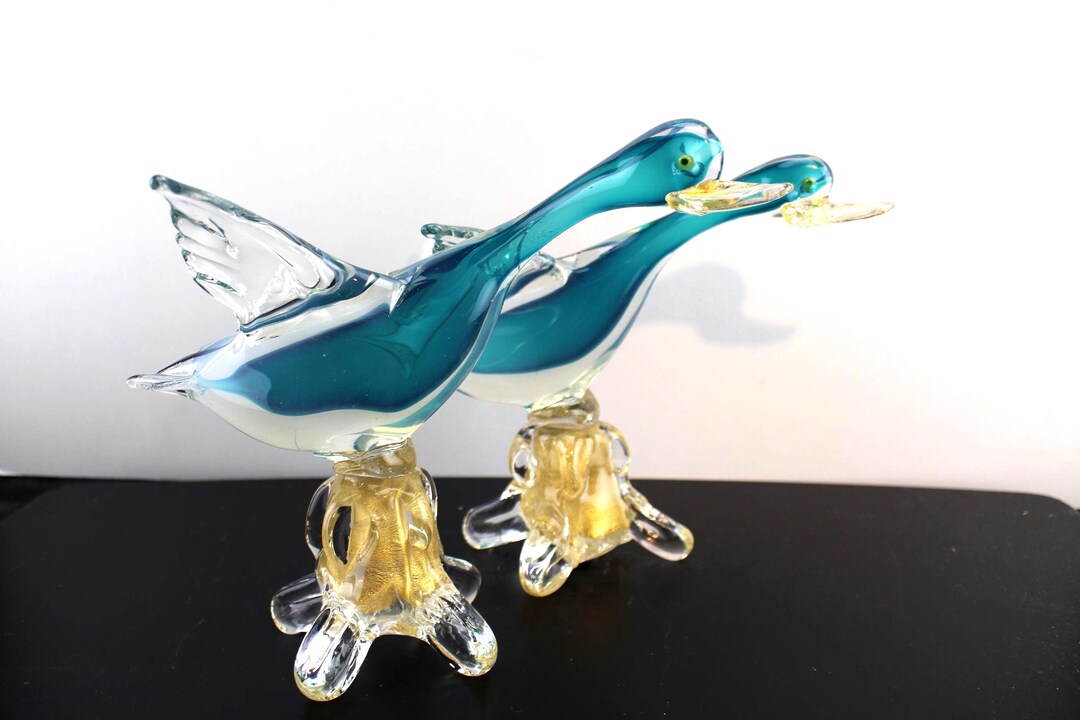 Murano Art Glass Pair Flying Ducks Blue Opal Figurines-collectible ...