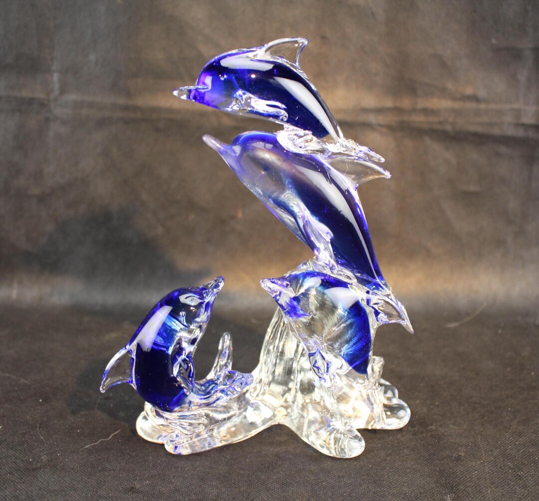 Art Glass Figurine Four Blue Dolphins Jumping From Wave Collectible ...