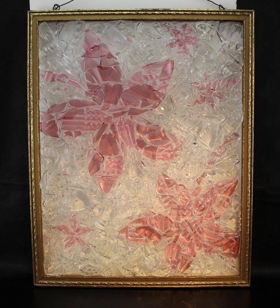 Suncatcher Broken Glass Art in Frame Cranberry Flowers Clear Background ...