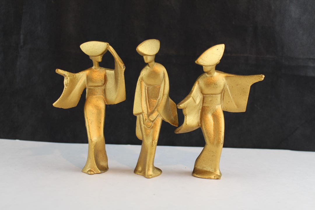 Geisha Dolls Set of Three Dancing 7" Cast Iron Gold Figurines Japanese ...