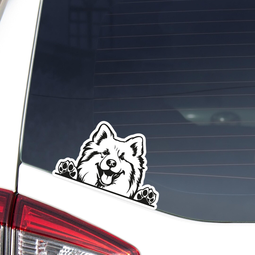 American Eskimo Dog Car Decal - Peeking Black & White Dog Waterproof ...