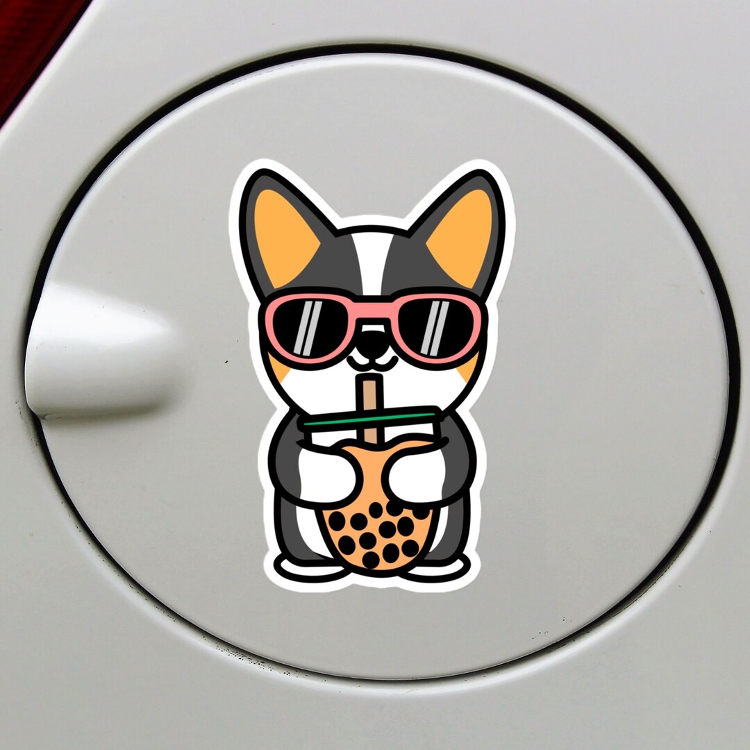Corgi Boba Car Decal Sticker / Tricolor Corgi With Bubble Tea Milk ...