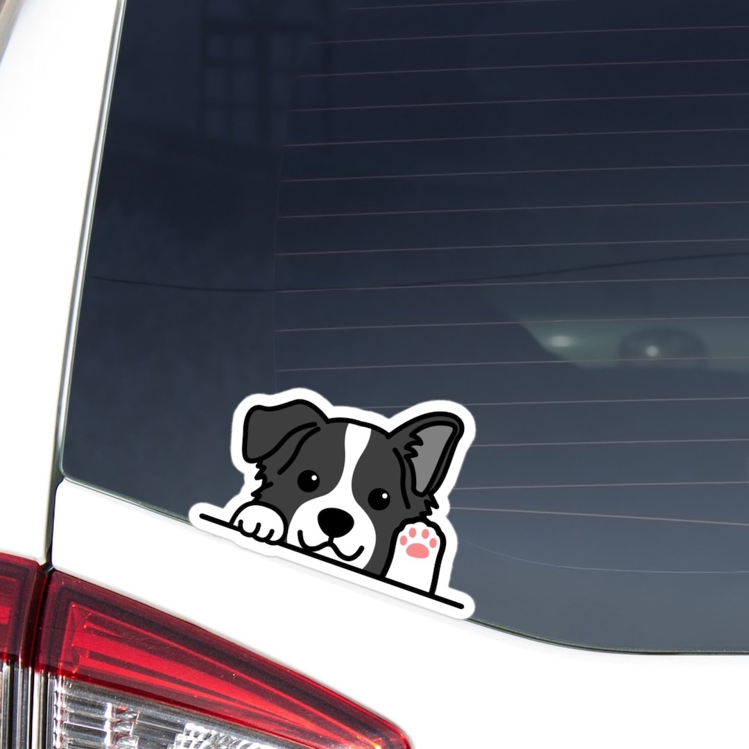Peeking Border Collie Car Decal Sticker / Kawaii Cartoon Dog Waving Paw ...