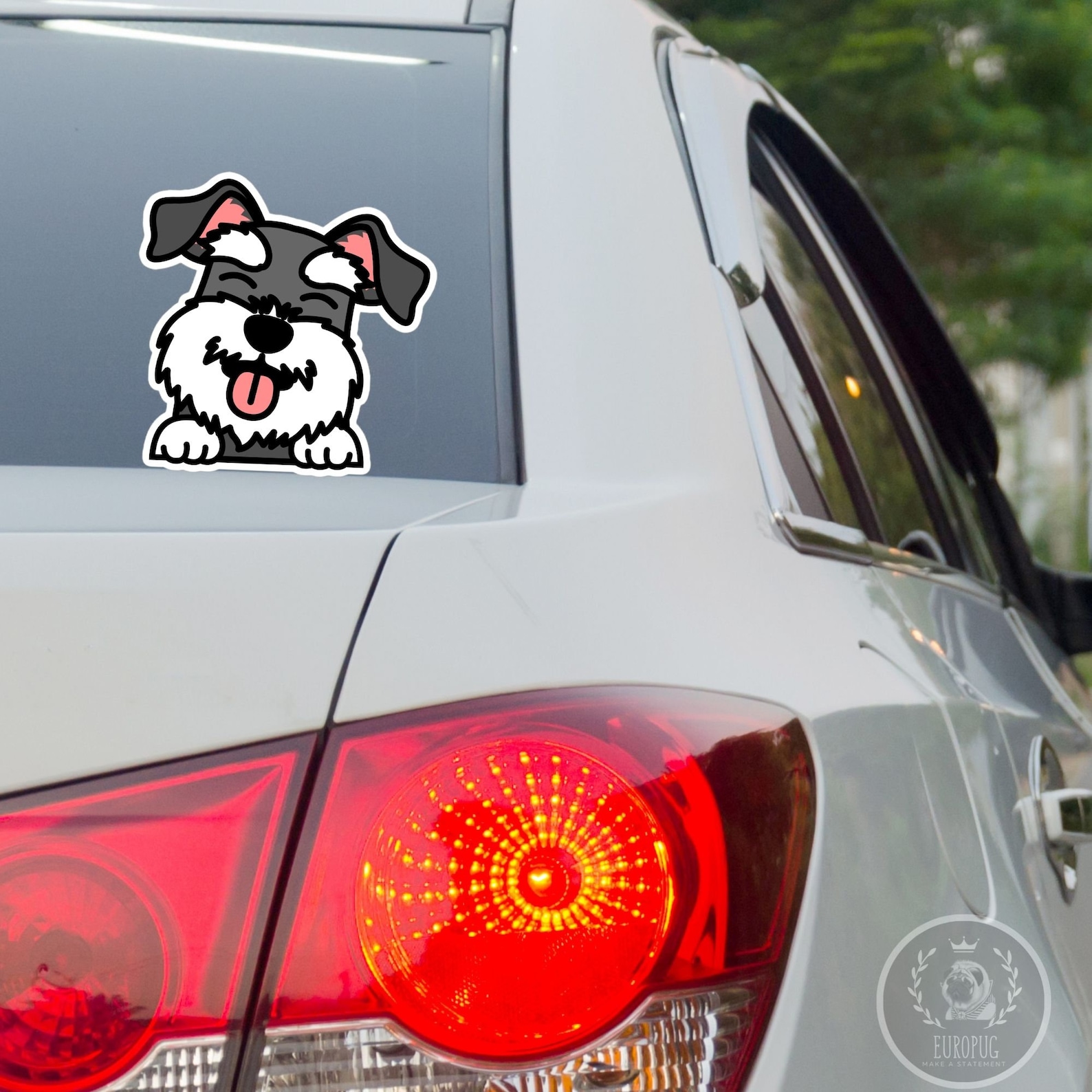 Miniature Schnauzer Car Decal - Dark Gray Cartoon Dog Paws Up ...