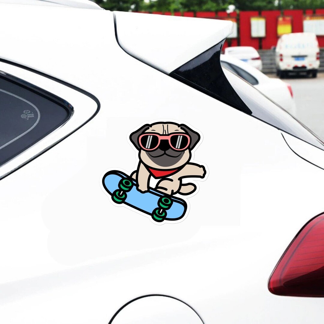 Funny Pug Car Decal Sticker / Dog in Sunglasses Playing Skateboard ...