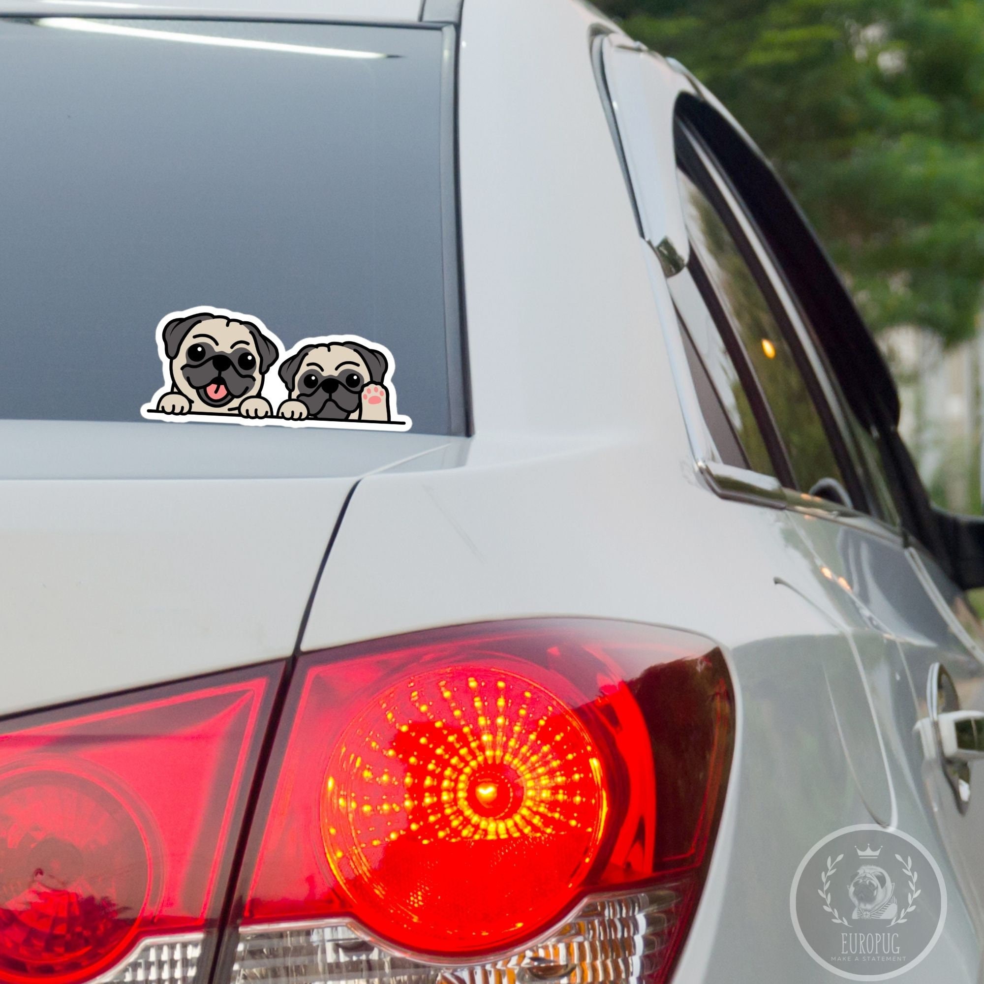 Custom Two Pugs Car Decal Sticker / Personalized Peeking Pug Dog Waving ...