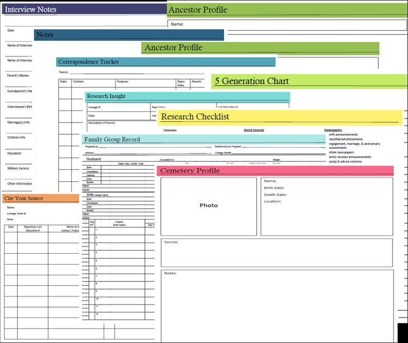 Colorful Family History Worksheet Bundle Ancestry Research Genealogy ...