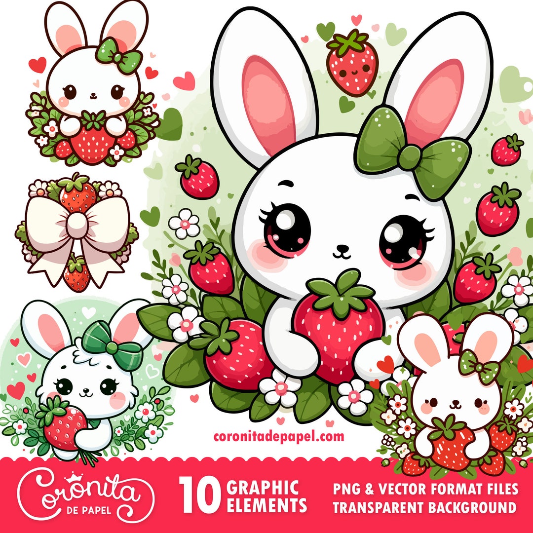 Bunnies and Strawberries Clipart | Kawaii Clipart | Gift Tag | Bunny ...